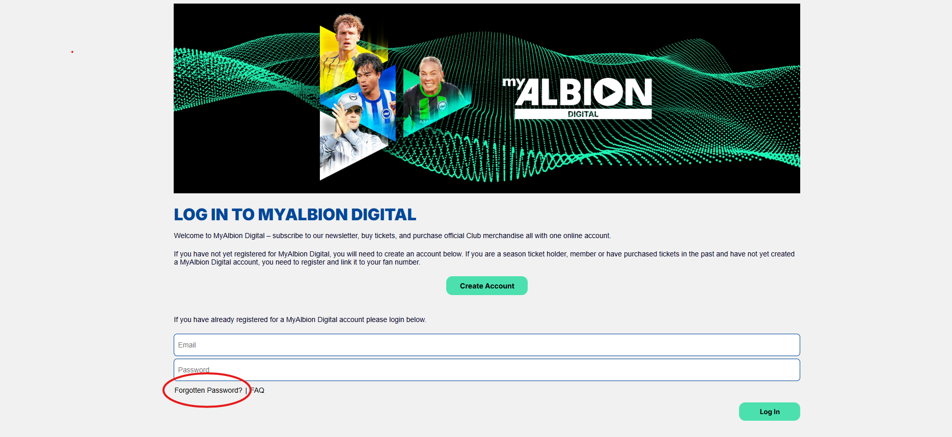 Log in page with forgotten password link circled
